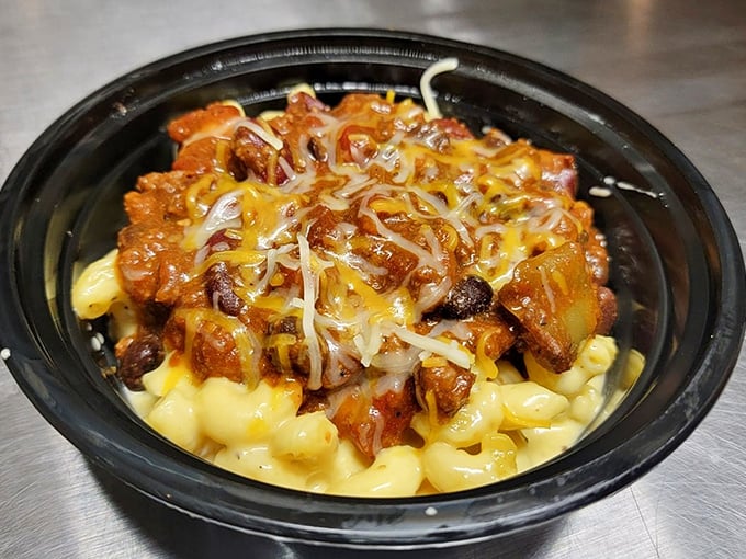 Chili mac that bridges the gap between childhood nostalgia and grown-up indulgence—topped with enough meat to make it a meal in itself.