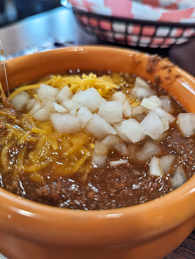 The legendary chili – rich, complex, and topped with the perfect amount of cheese and onions. This bowl is worth the drive alone.