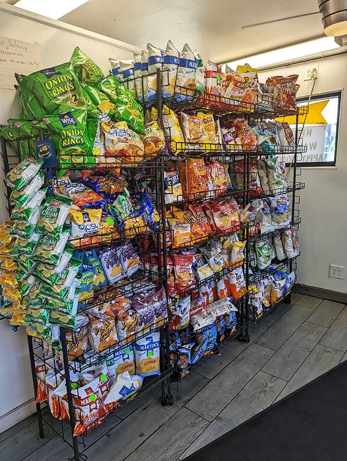 The chip selection rivals the Library of Congress in variety and importance. Every sandwich deserves the perfect crunchy sidekick from this wall of possibilities.