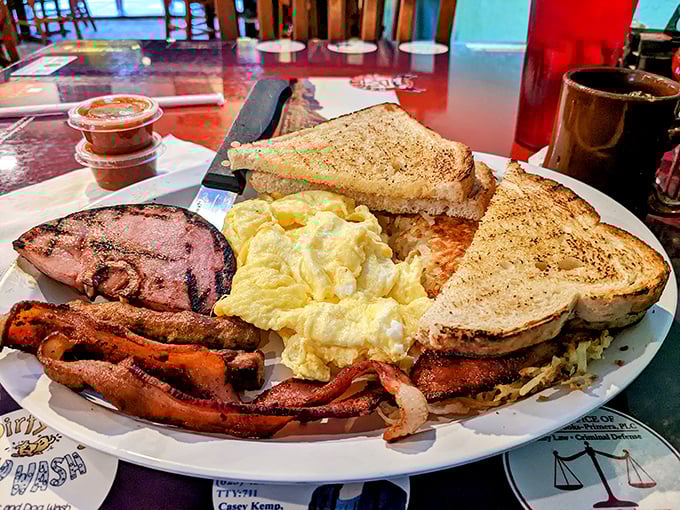The classic breakfast plate—where ham, eggs, and toast perform the culinary equivalent of a greatest hits album that never gets old.