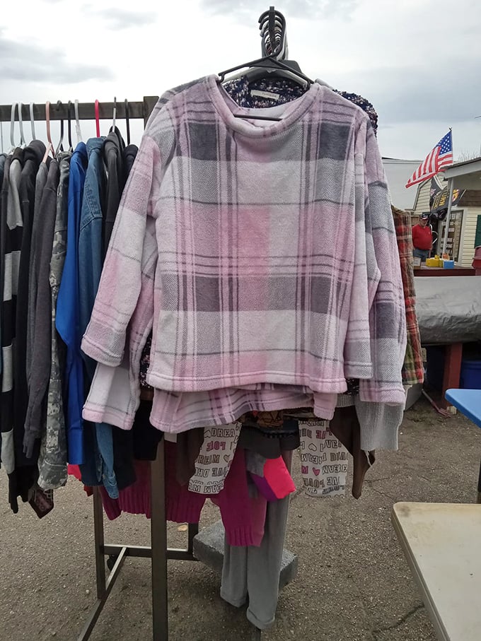 Cozy pink plaid fleece hangs among practical everyday wear – the perfect Virginia winter layer waiting for its new home.