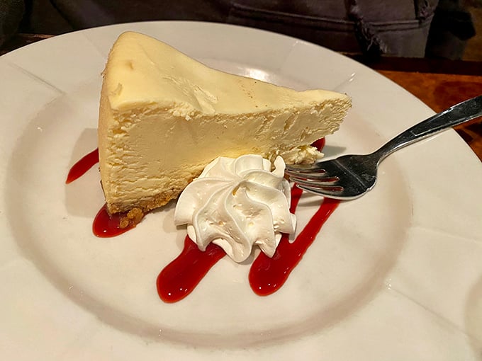 A slice of cheesecake so creamy it should be illegal, with just enough raspberry sauce to make your taste buds sing.