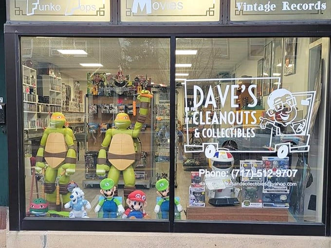 Dave's Toybox window display proves that in Mount Joy, nostalgia comes in all forms—including life-sized Ninja Turtles guarding vintage treasures.
