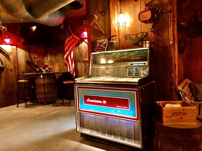 Vintage Americana decorates every corner, including this classic jukebox that's seen more celebrations than a wedding photographer.