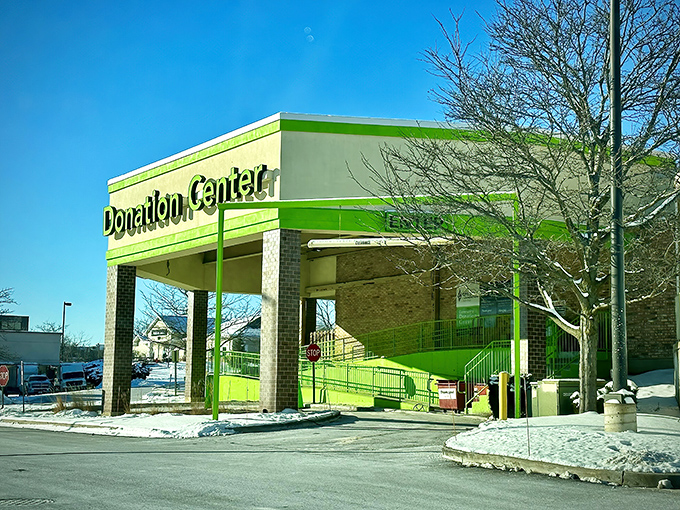 The neon green Donation Center – where the circle of thrift begins. Yesterday's donations become tomorrow's discoveries in this retail ecosystem.