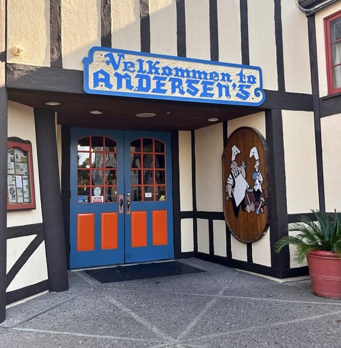 The cheerful blue and orange entrance doors promise Danish hospitality with a California twist—a roadside oasis worth the detour.