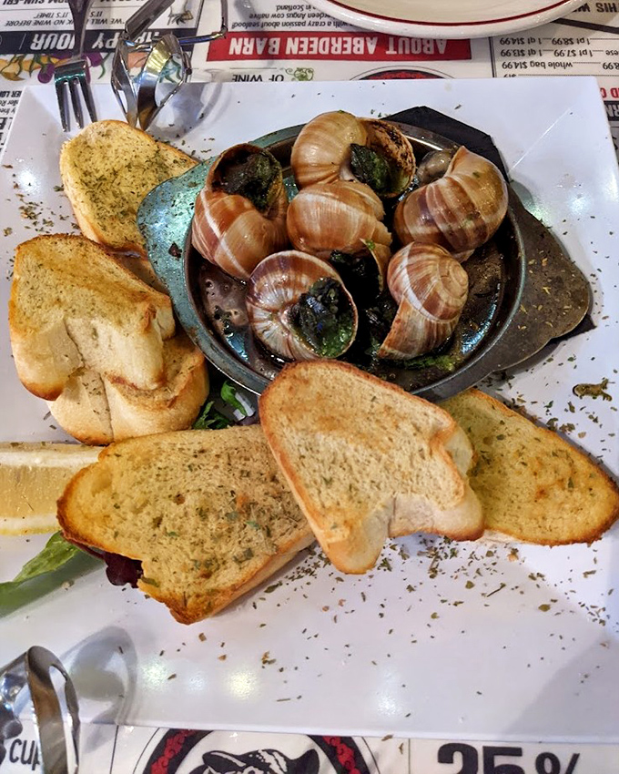 Escargot isn't just a fancy French word—it's butter-drenched, garlic-infused decadence that makes you wonder why you ever hesitated. The garlic toast isn't just for show—it's for sopping up that liquid gold.