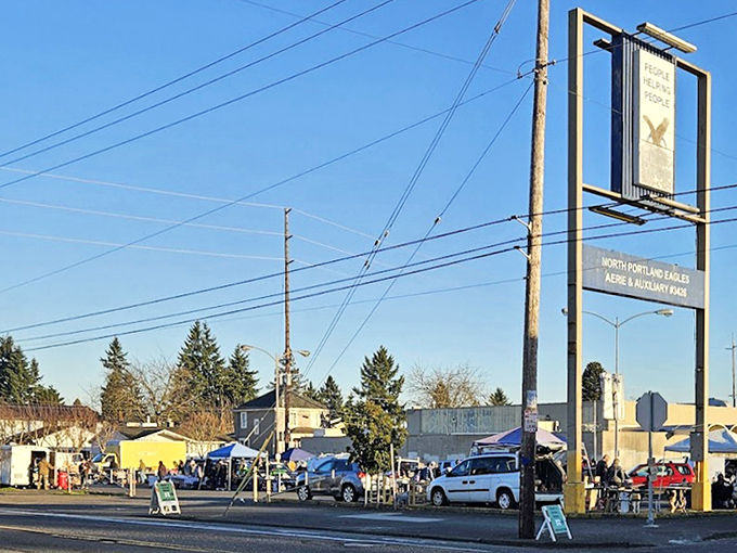 The Eagles sign stands sentinel over a community tradition. From a distance, it looks ordinary—up close, it's extraordinary.