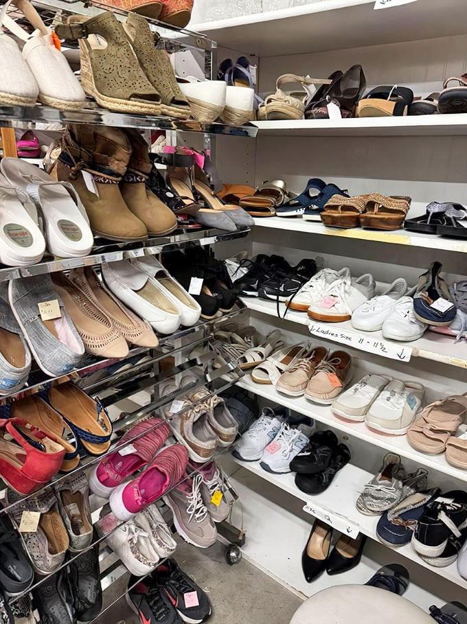 If Cinderella shopped thrift, she'd head straight here—rows of gently worn footwear waiting for their perfect match to walk in.
