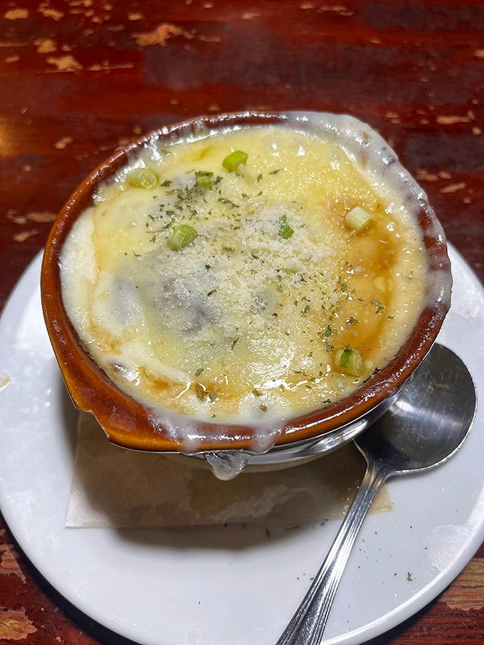 French onion soup with a cheese pull that deserves its own slow-motion sequence in a food documentary.