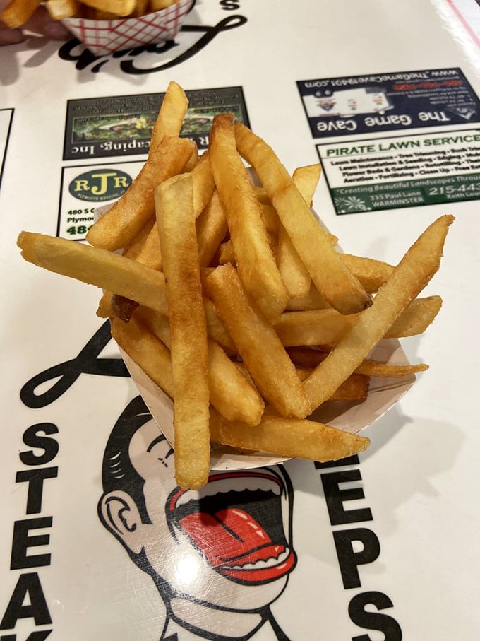 French fries done right—crispy outside, fluffy inside. The supporting actor that sometimes steals the show from the cheesesteak main character.