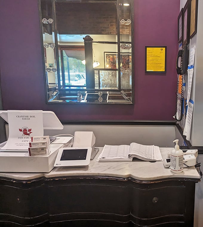 Even the host stand has personality, promising Cajun adventures before you've even reached your table.