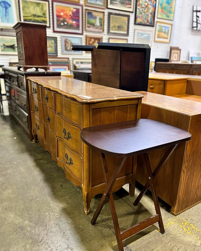 Solid wood furniture with character and history. That dresser probably witnessed the moon landing from someone's bedroom in 1969.