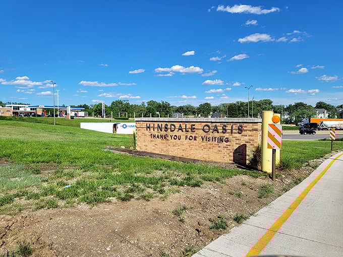 The Hinsdale Oasis sign bids farewell to visitors who, if they're smart, are already planning their return to this charming Illinois enclave.