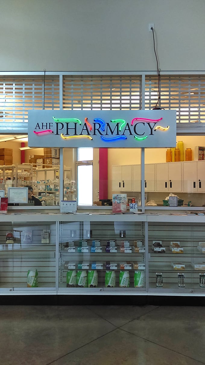 The on-site AHF Pharmacy provides convenient access to medications and healthcare services, reinforcing the store's commitment to community wellbeing beyond retail.