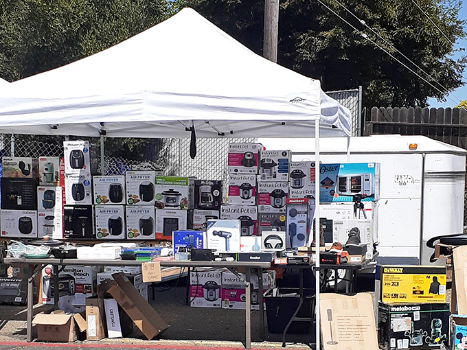 Tomorrow's kitchen memories displayed under today's tent – air fryers and instant pots await homes where they'll transform from boxed potential to family favorites.