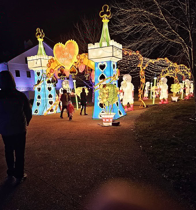 Nighttime brings magical illumination to the area. Colorful light displays transform the surroundings into a fairytale landscape worthy of the basket's fantastical proportions.