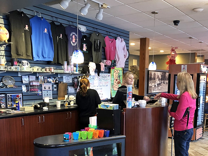 The merch corner: where you can take home a souvenir that says "I came, I saw, I consumed pancakes" without saying a word.
