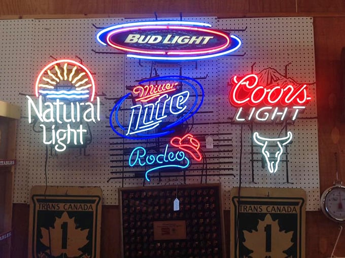 Neon beer signs glow like a dive bar's greatest hits album – Bud Light meets Coors in vintage harmony.
