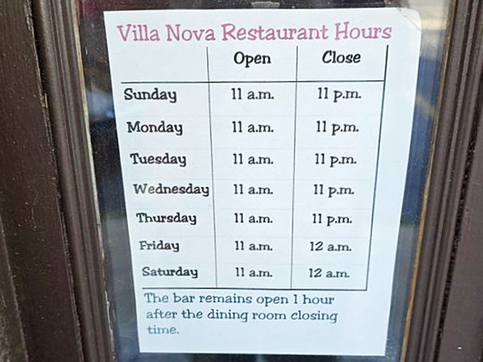 Hours posted with the confidence of a place that knows exactly who it is—open late enough for dinner but not so late that quality suffers.