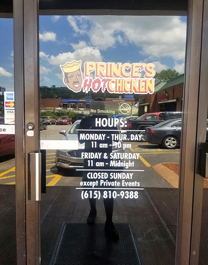 The hours posted on the door are crucial information for planning your hot chicken pilgrimage. Note them carefully – spice cravings wait for no one.