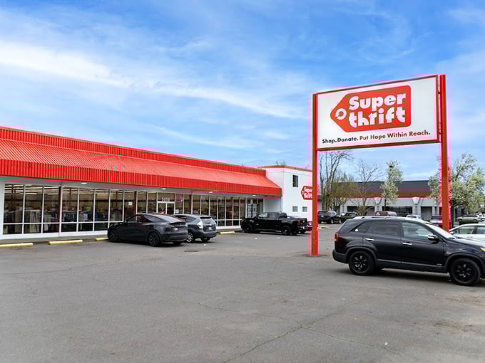 "Shop, Donate, Put Hope Within Reach"—SuperThrift's mission statement shines as brightly as its iconic red signage against the Oregon sky.