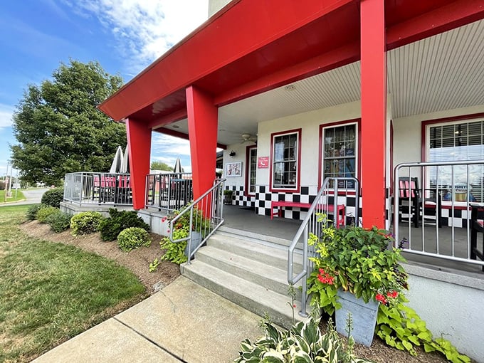 That iconic red entrance isn't just an architectural feature—it's a gateway to comfort food that makes you feel like you've finally come home.