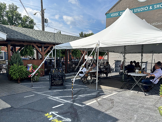 Extended outdoor seating that says "we're popular enough to need overflow space" without being pretentious about it.