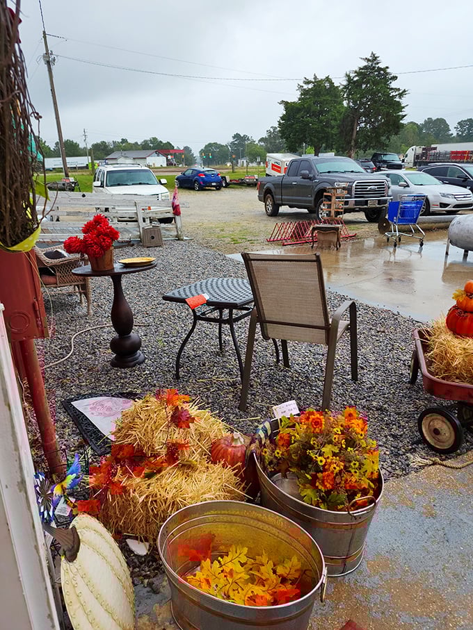 Even rainy days can't dampen the Bargain Barn experience. Outdoor furniture and seasonal décor await the patient shopper with vision.