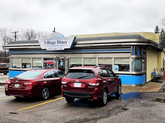 Another angle of the diner's distinctive blue trim and welcoming entrance – where hunger goes in and happiness comes out.