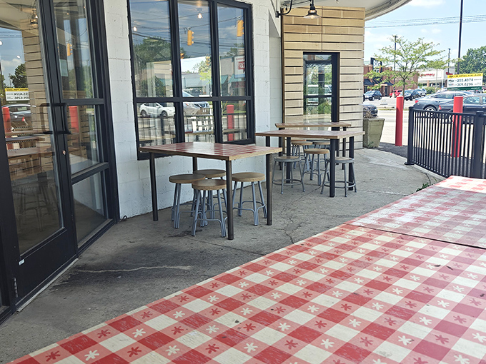 Al fresco dining with checkered charm. When Ohio weather cooperates, these outdoor tables become the hottest seats in town—literally and figuratively.