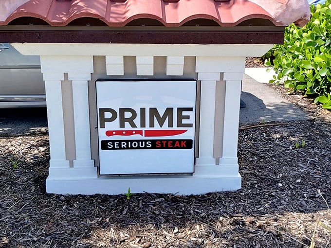 The sign says it all—PRIME Serious Steak. No false advertising here, just a straightforward promise they absolutely deliver on.