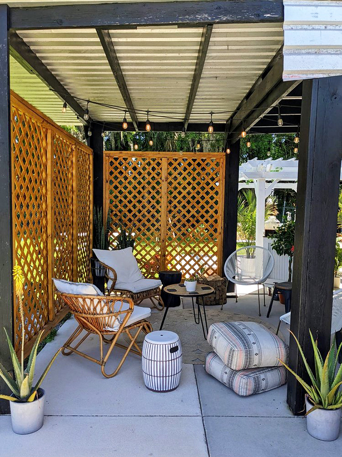 Even the outdoor space feels thoughtfully designed, offering a place to rest between bargain discoveries or contemplate your thrifting victories.