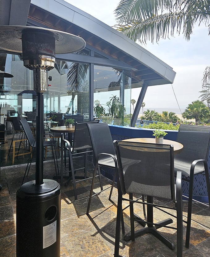 The outdoor terrace extends the dining experience into California's perfect weather, complete with heat lamps for chilly evenings.