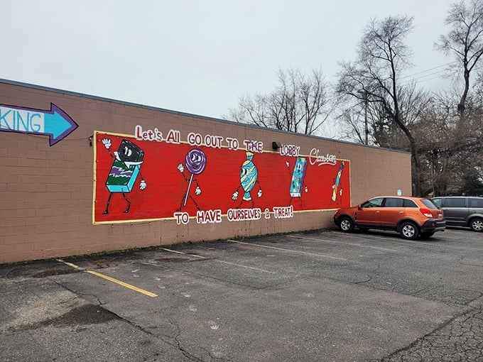 The exterior mural invites passersby to "have ourselves a treat"—perhaps the most unnecessary encouragement in retail history.