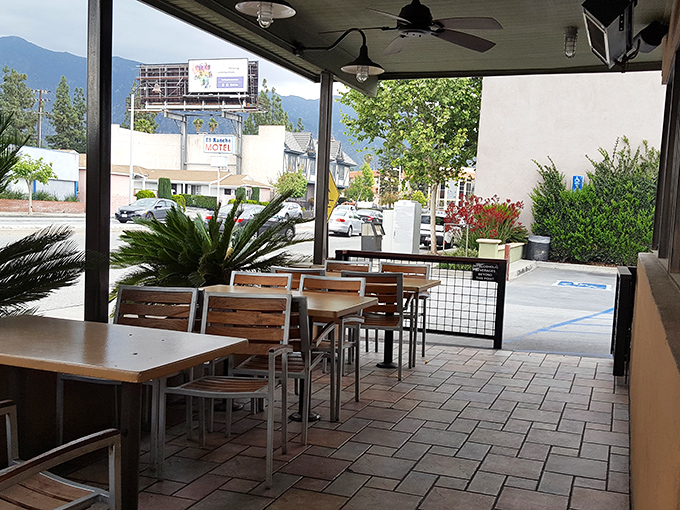 The outdoor patio – where the San Gabriel Mountains provide the backdrop for Pasadena's favorite dining tradition.