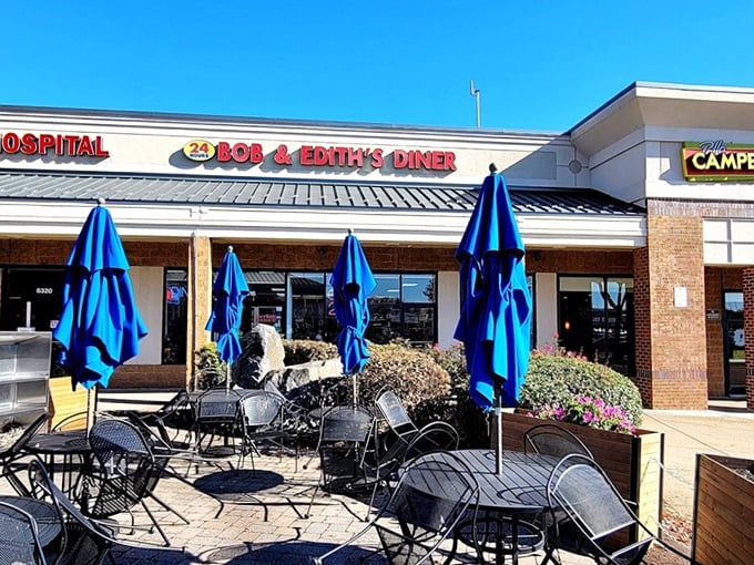When Virginia weather cooperates, outdoor seating adds another dimension to the diner experience. Blue umbrellas standing at attention, ready to shade hungry patrons.