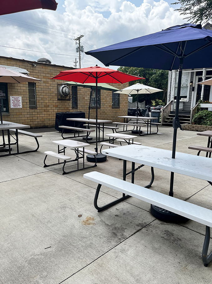 The outdoor seating area—where summer dreams and ice cream realities meet under colorful umbrellas for the perfect Ohio afternoon.