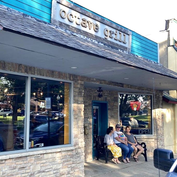 The stone facade and turquoise trim make Octave Grill an instantly recognizable landmark in downtown Chesterton—a burger beacon for the hungry.