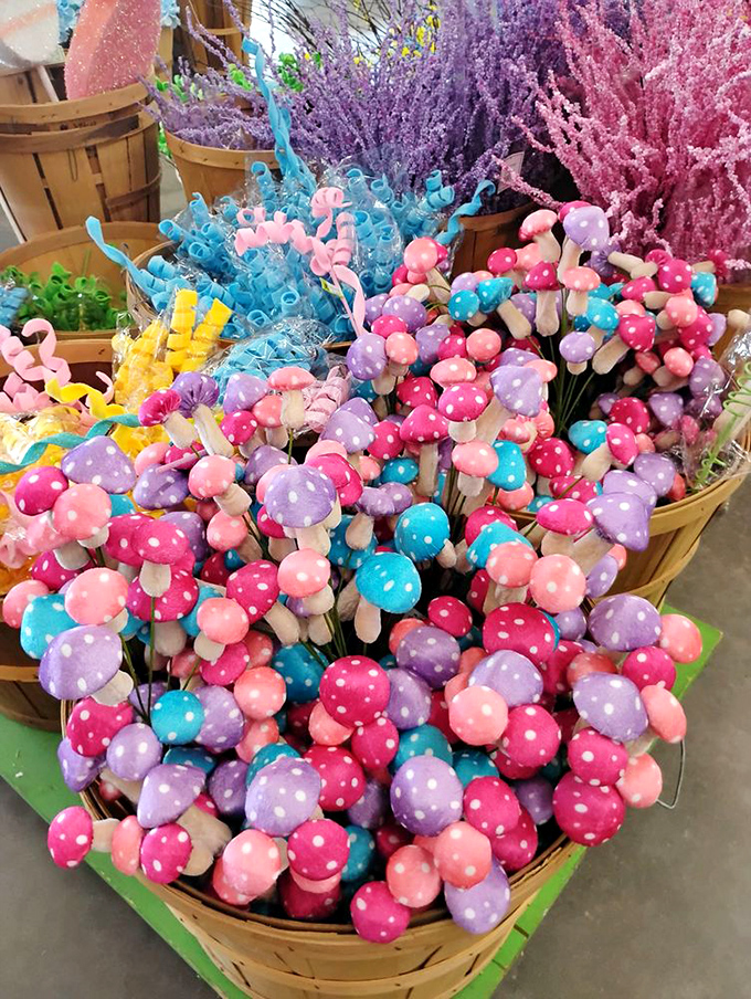A basket bursting with colorful mushroom decorations shows that even whimsical home accents get the outlet treatment—fantasy prices for fantasy decor.