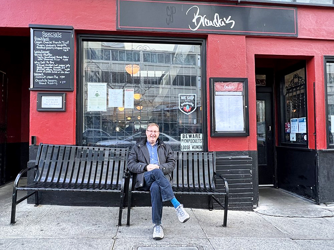 The bench outside isn't just seating – it's where anticipation builds before the flavor explosion that awaits inside Brenda's welcoming doors.