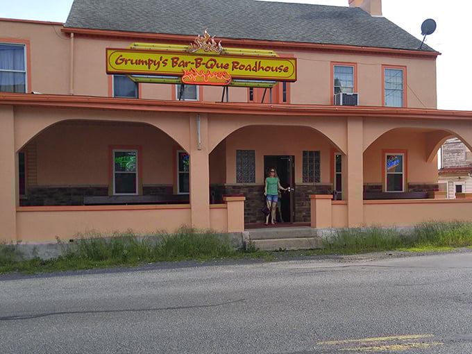 From another angle, Grumpy's welcoming porch invites you to step inside and leave your diet plans at the door—calories don't count when smoke rings are involved.