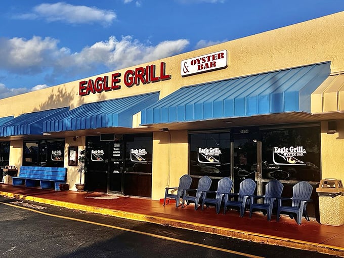 Florida dining at its most authentic—where the blue awnings match the sky and plastic chairs have never felt so inviting.