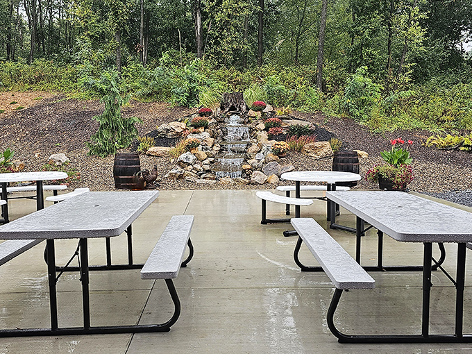 Outdoor seating with a water feature view. Mother Nature providing the ambiance while you recover from your food coma—pure Pennsylvania perfection. 