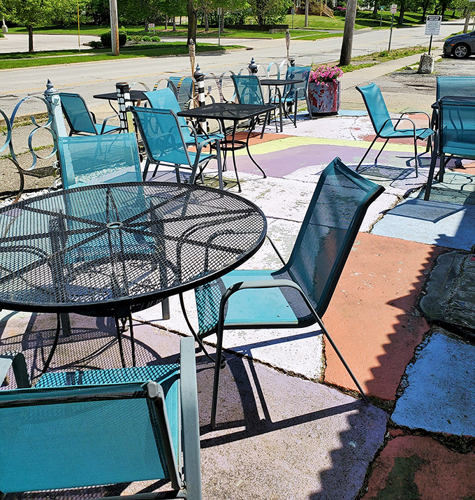 The patio's colorful chairs invite you to enjoy your chowder alfresco – because sometimes great food tastes even better with a side of sunshine.