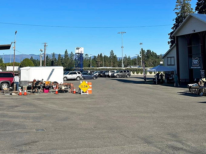 The calm before the shopping storm – early morning at the fairgrounds parking lot, where empty spaces will soon fill with vehicles carrying empty trunks ready for filling. 