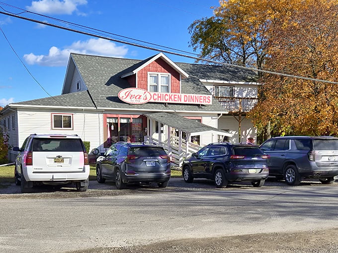A packed parking lot tells the real story—this isn't just a restaurant; it's a destination. Cars from near and far make the pilgrimage to chicken paradise.