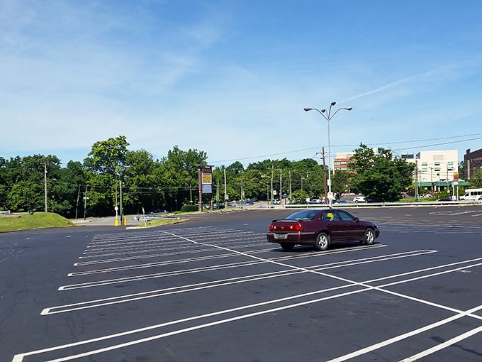 A parking lot with breathing room—the unsung luxury of discount shopping. No door dings, no cart traffic jams, just easy access to bargain bliss.