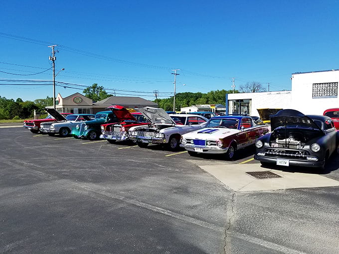 On car show days, the parking lot becomes an impromptu museum of American automotive history—chrome polished to mirror-like perfection.
