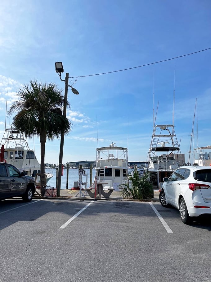 Even the parking lot tells a story—with fishing boats bobbing in the marina just steps away, promising the freshest catch imaginable.